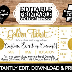 INSTANT EDITABLE Personalized Golden Ticket Concert or Sporting Event ...