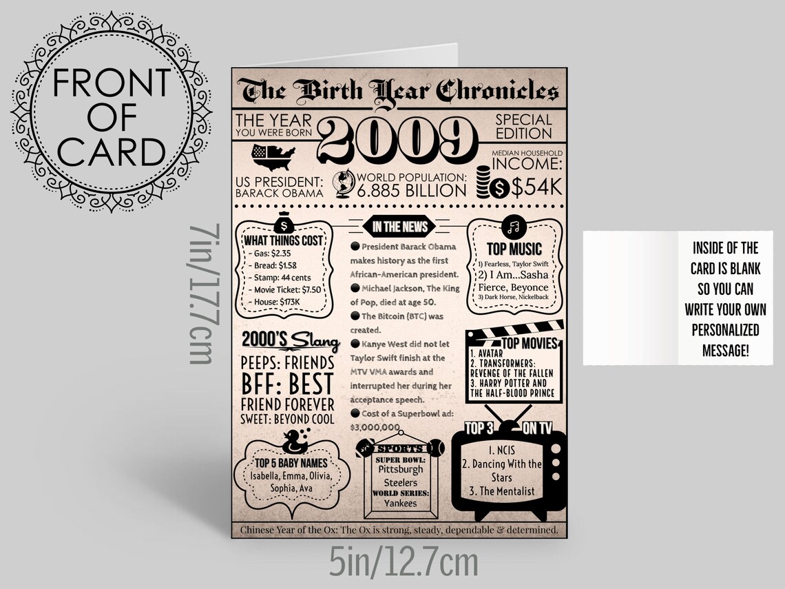 2009 PRINTABLE Vintage Year You Were Born Birthday Card | Folded 5x7 ...