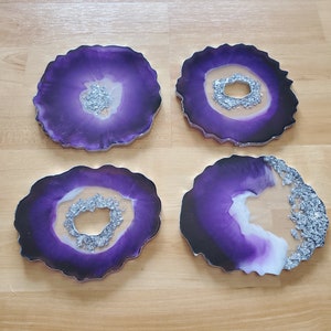 Purple Resin Coasters | Set of 4 Geode Resin Coasters | Resin Agate ...