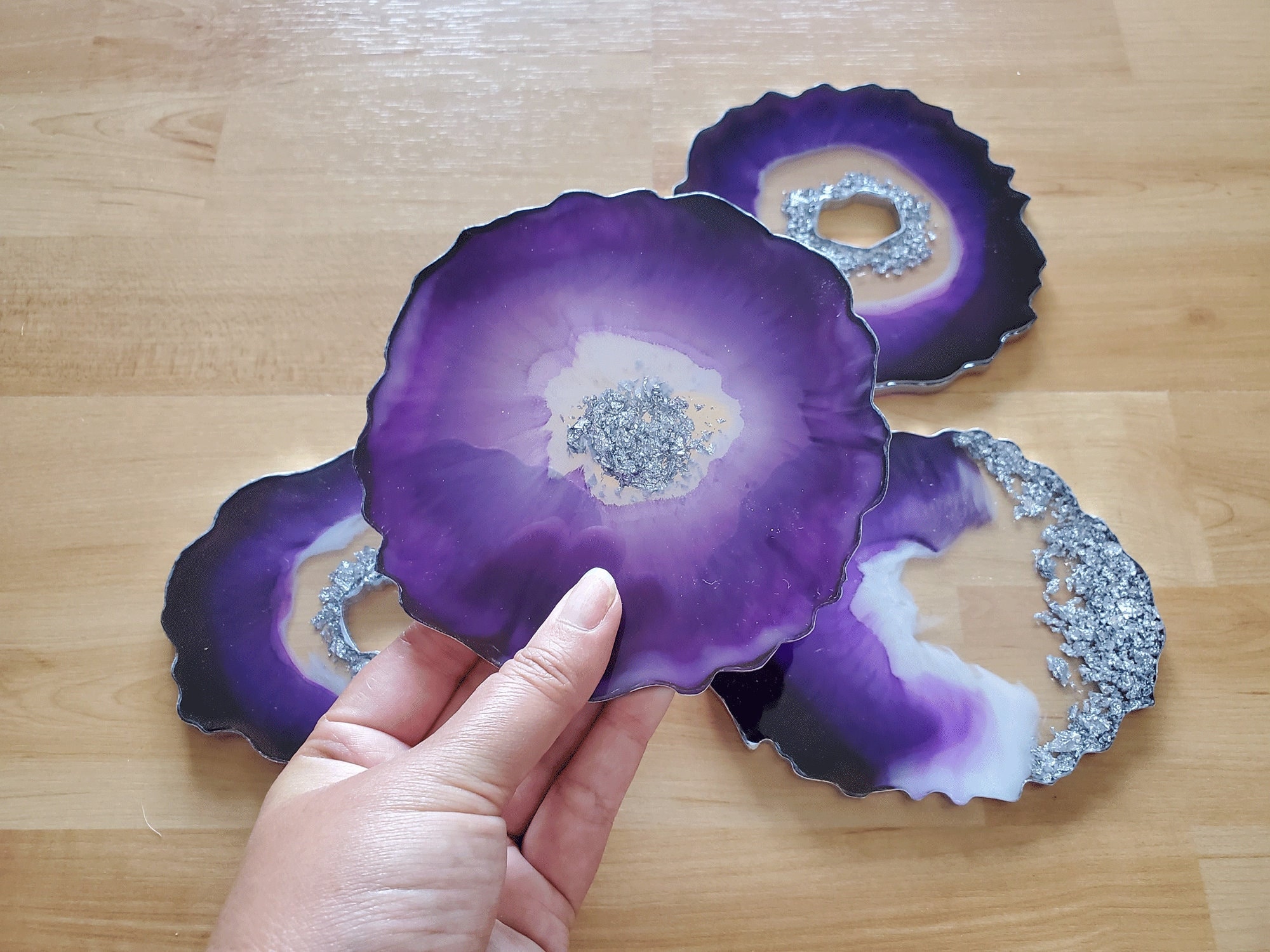 Purple and White Resin Coasters | Geode Coaster Set of 4 | Agate Shape ...