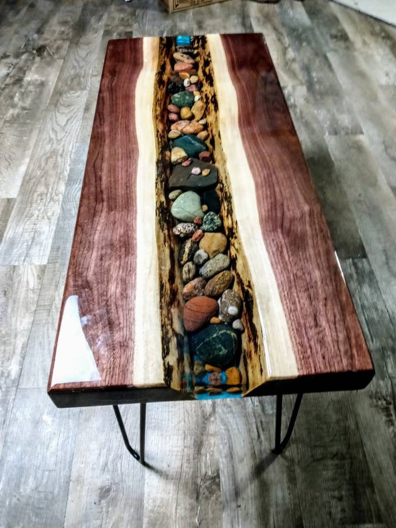 Epoxy River Rock Table/ Live Edge Furniture/ Petoskey, Agate, Pudding ...