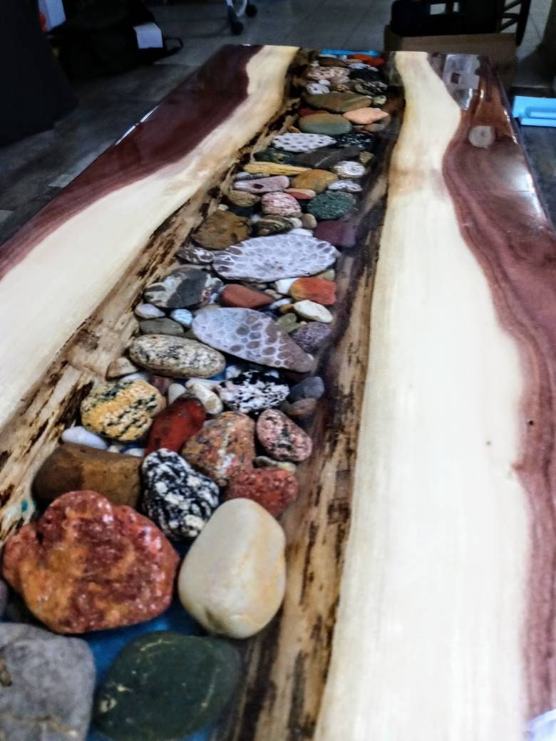 Epoxy River Rock Table/ Live Edge Furniture/ Petoskey, Agate, Pudding ...