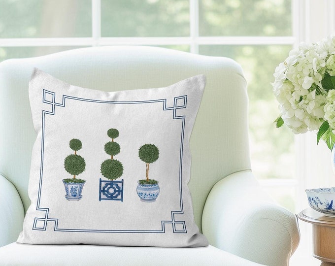 Blue & White Topiary Wool Hooked Pillow, Boho Throw Pillow, Decorative ...