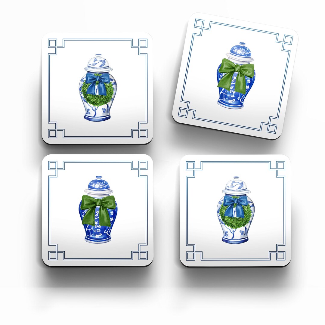 Chinoiserie Christmas Ginger Jars Cork Backed Drink Coaster Set of 4 ...