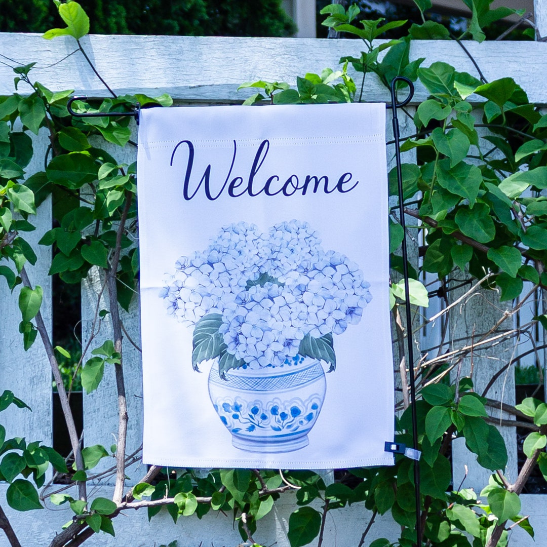 Personalized Chinoiserie Hydrangea Garden Flag, Custom Name Blue ...