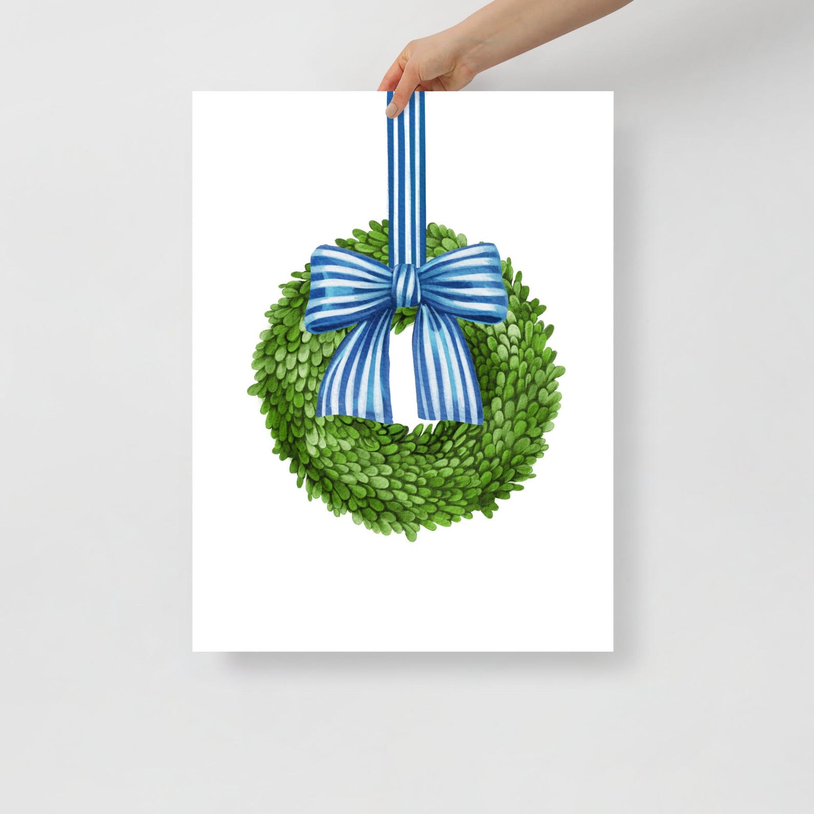 Boxwood Wreath Art Print Blue Striped Bow, Grandmillennial Art Print ...