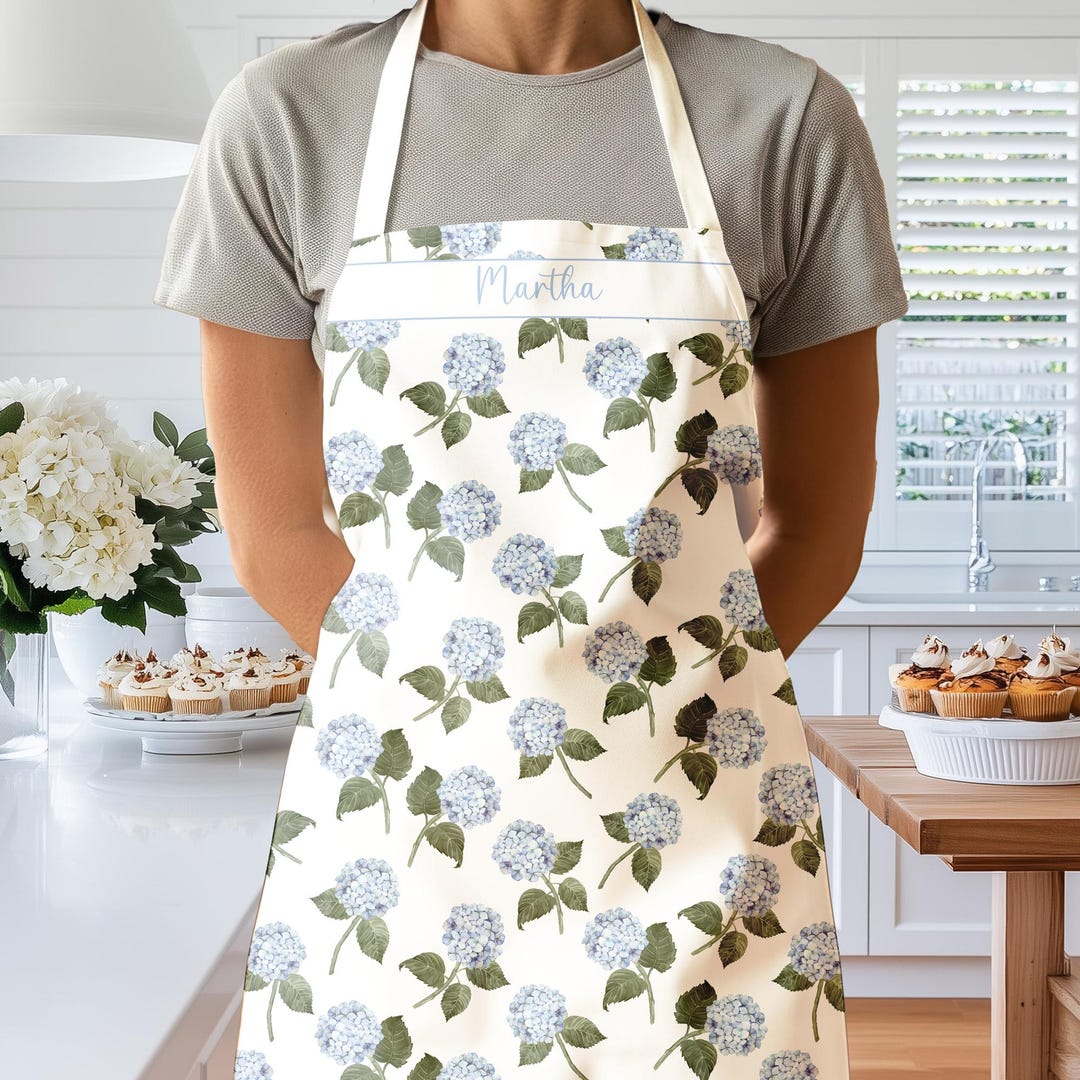 Personalized Blue Hydrangea Apron, Floral Kitchen Apron Gift for ...