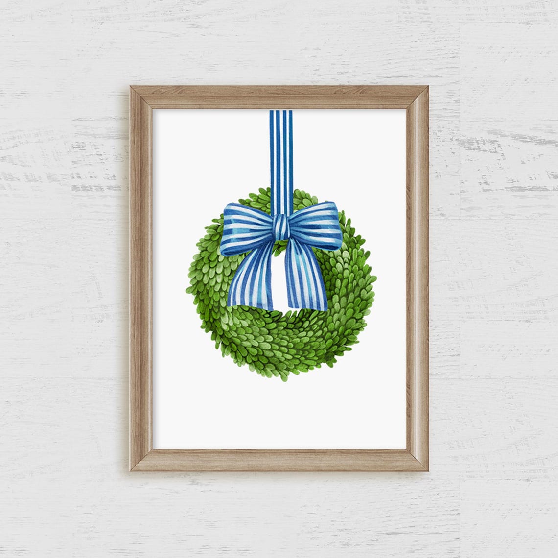 Boxwood Wreath Art Print Blue Striped Bow, Grandmillennial Art Print ...
