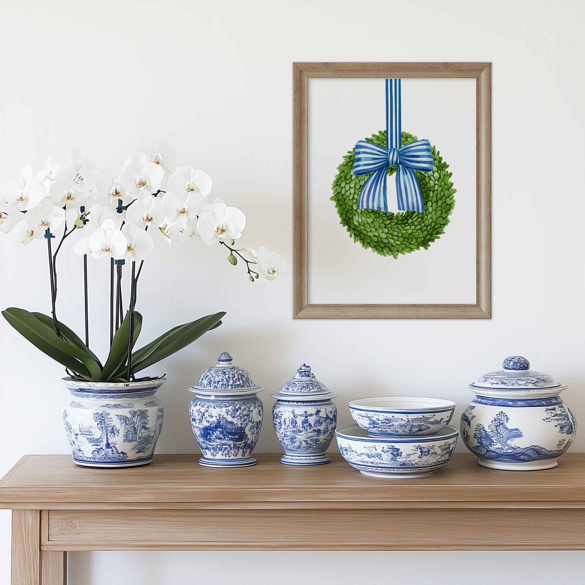 Boxwood Wreath Art Print Blue Striped Bow, Grandmillennial Art Print ...