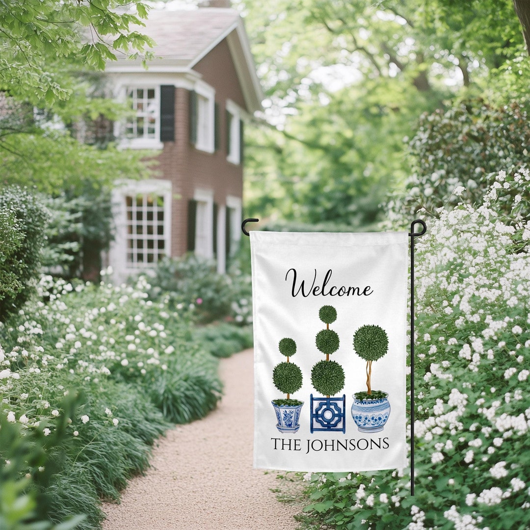 Personalized Chinoiserie Topiary Tree Garden Flag, Custom Name Topiary ...