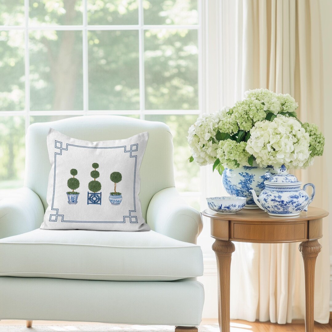 Chinoiserie Topiary Tree Cushion Cover, Potted Topiary Tree Throw ...