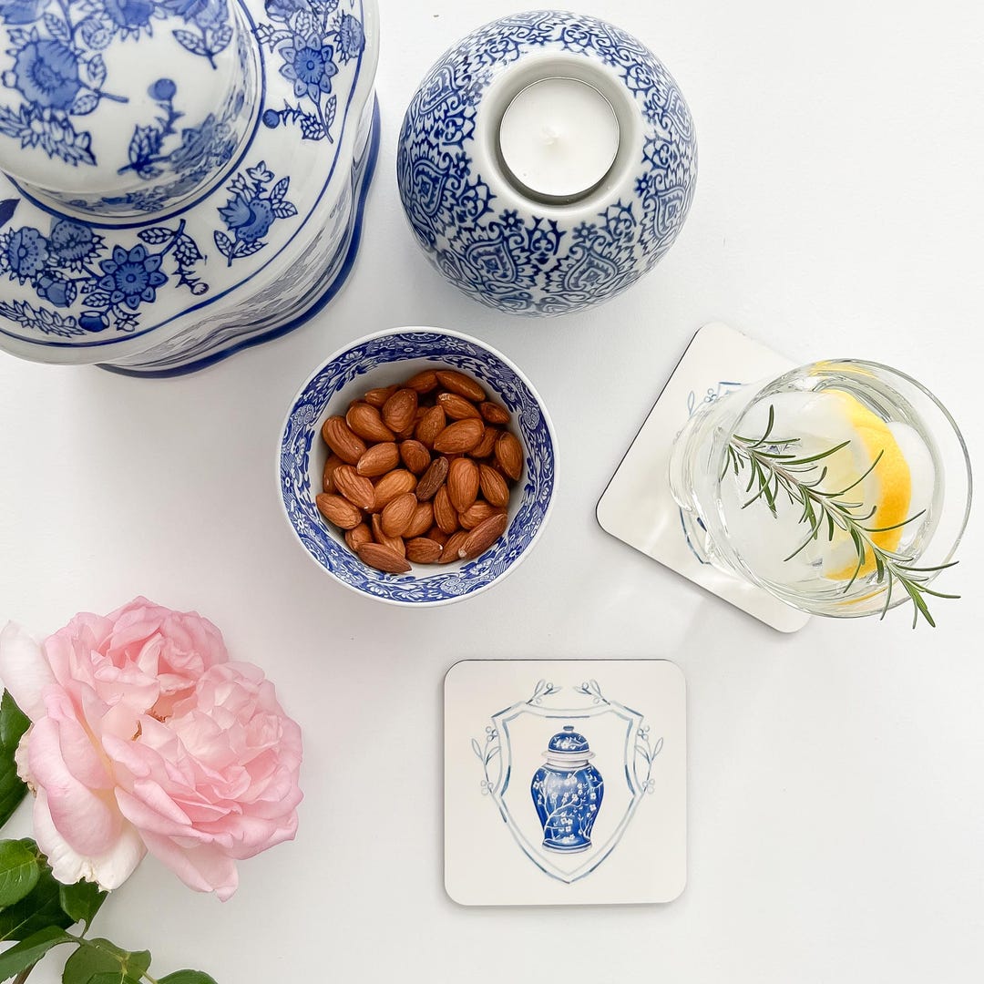 Ginger Jar Blue Crest Drink Coasters, Set of 4 Chinoiserie Ginger Jar ...