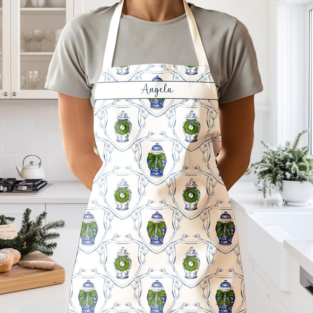 Chinoiserie Christmas Apron Personalized Ginger Jar Blue Holiday ...