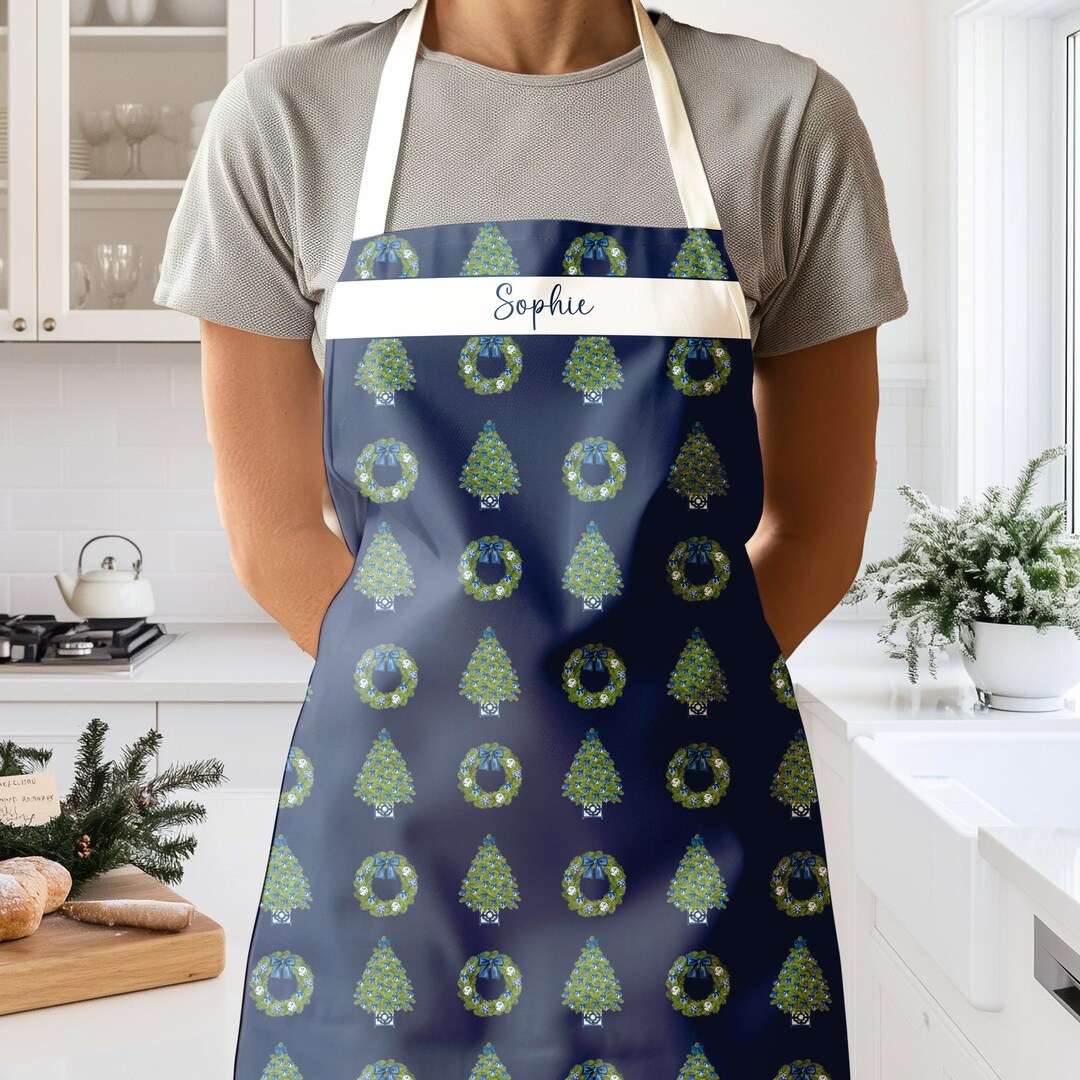 Chinoiserie Christmas Apron Personalized Navy Blue Holiday Kitchen ...