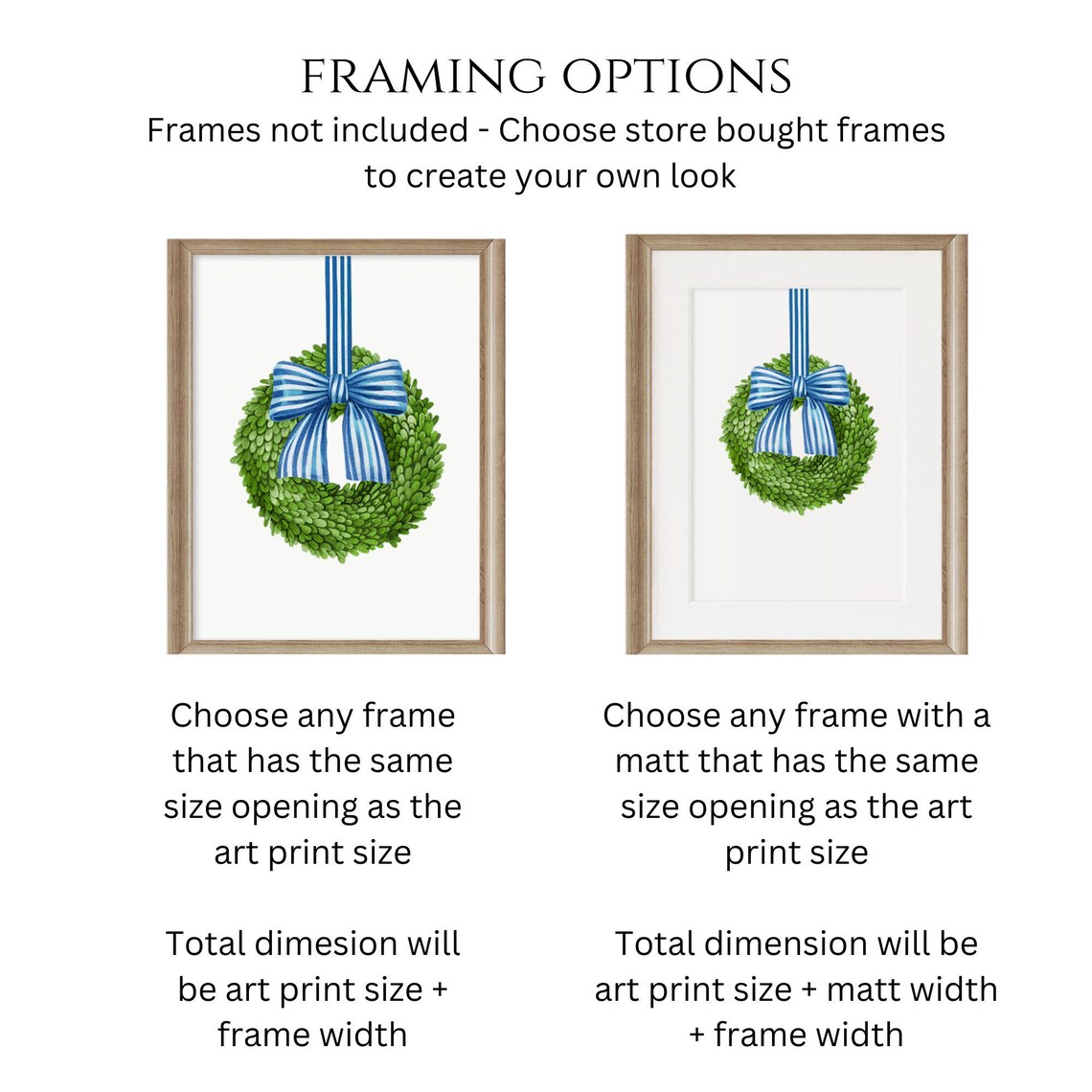 Boxwood Wreath Art Print Blue Striped Bow, Grandmillennial Art Print ...