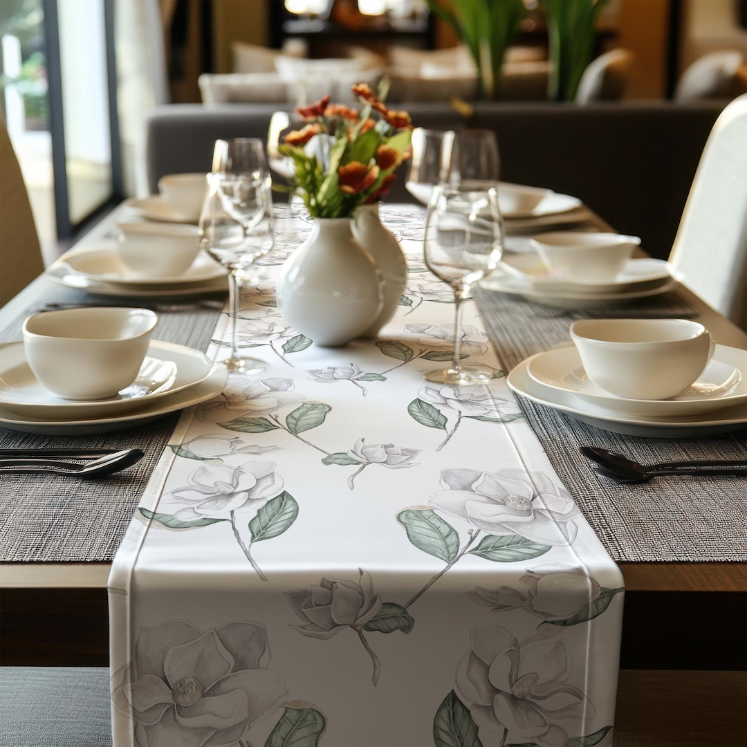 Magnolia Neutral Table Runner, Floral Table Runner for Entertaining ...