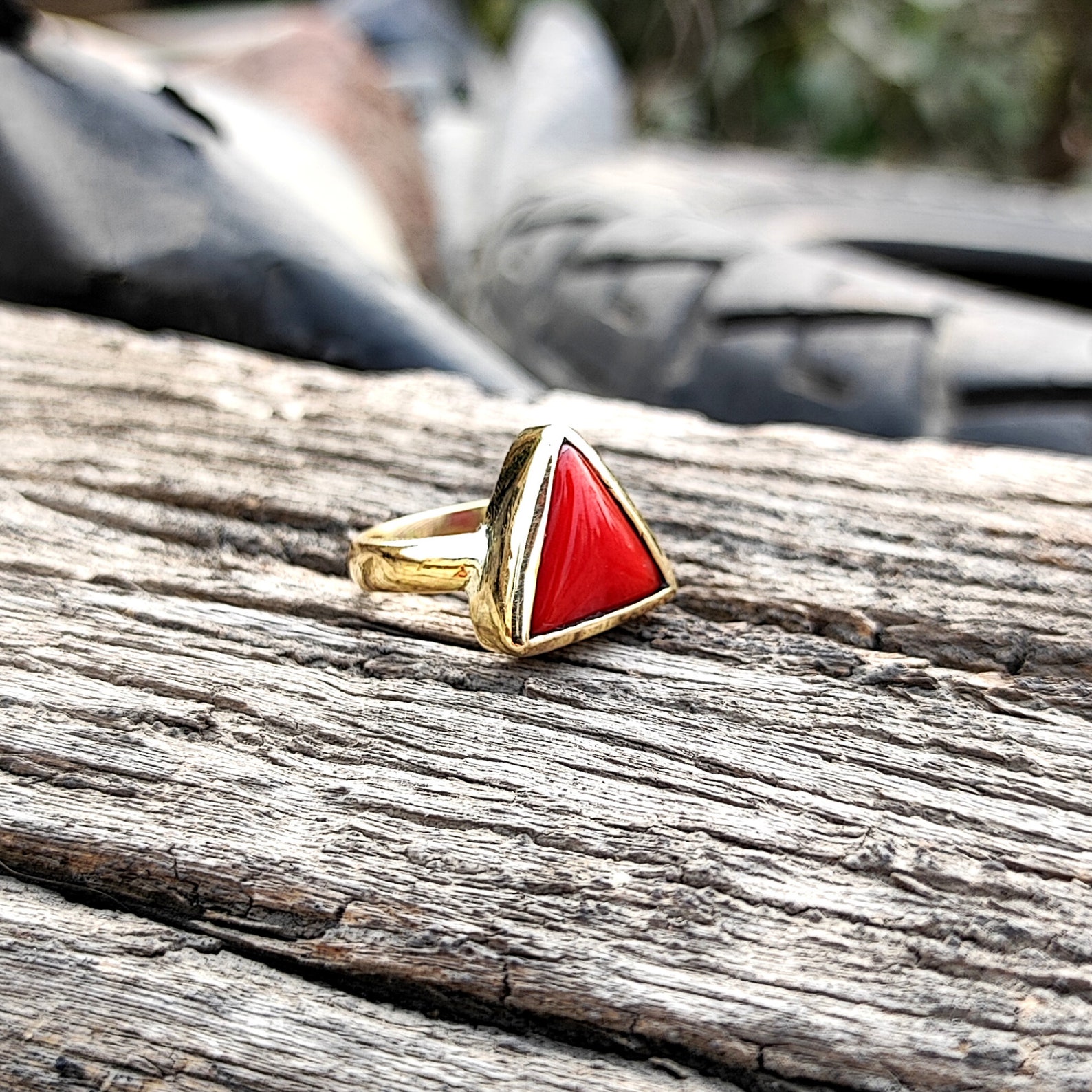 100% Natural Triangle Shape Red Coral Munga Ring Handmade Alloy ...
