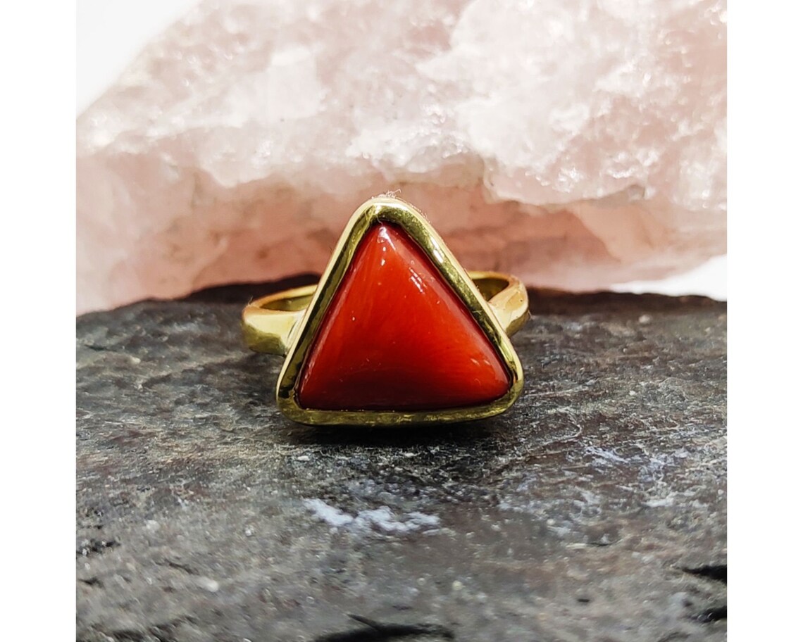 Handmade Triangle Red Coral Ring in Panchdhatu Alloy - Etsy