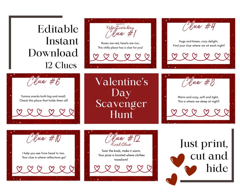 Printable Valentine's Scavenger Hunt Clues – Canva Template (instant ...