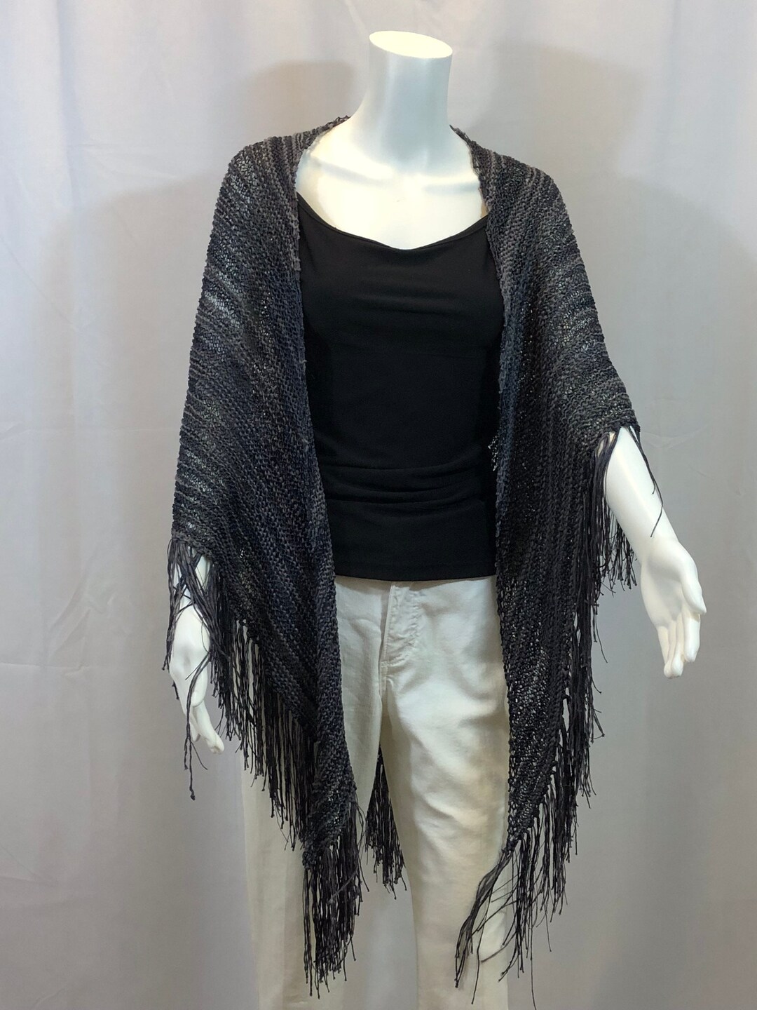 Long Variegated Black Triangular Shawl With 8 Inch Fringe - Etsy