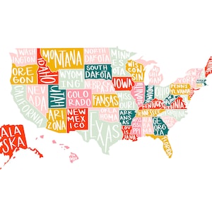 USA Map Pink Orange Teal Mint Girls Room Little Girls Room America US ...