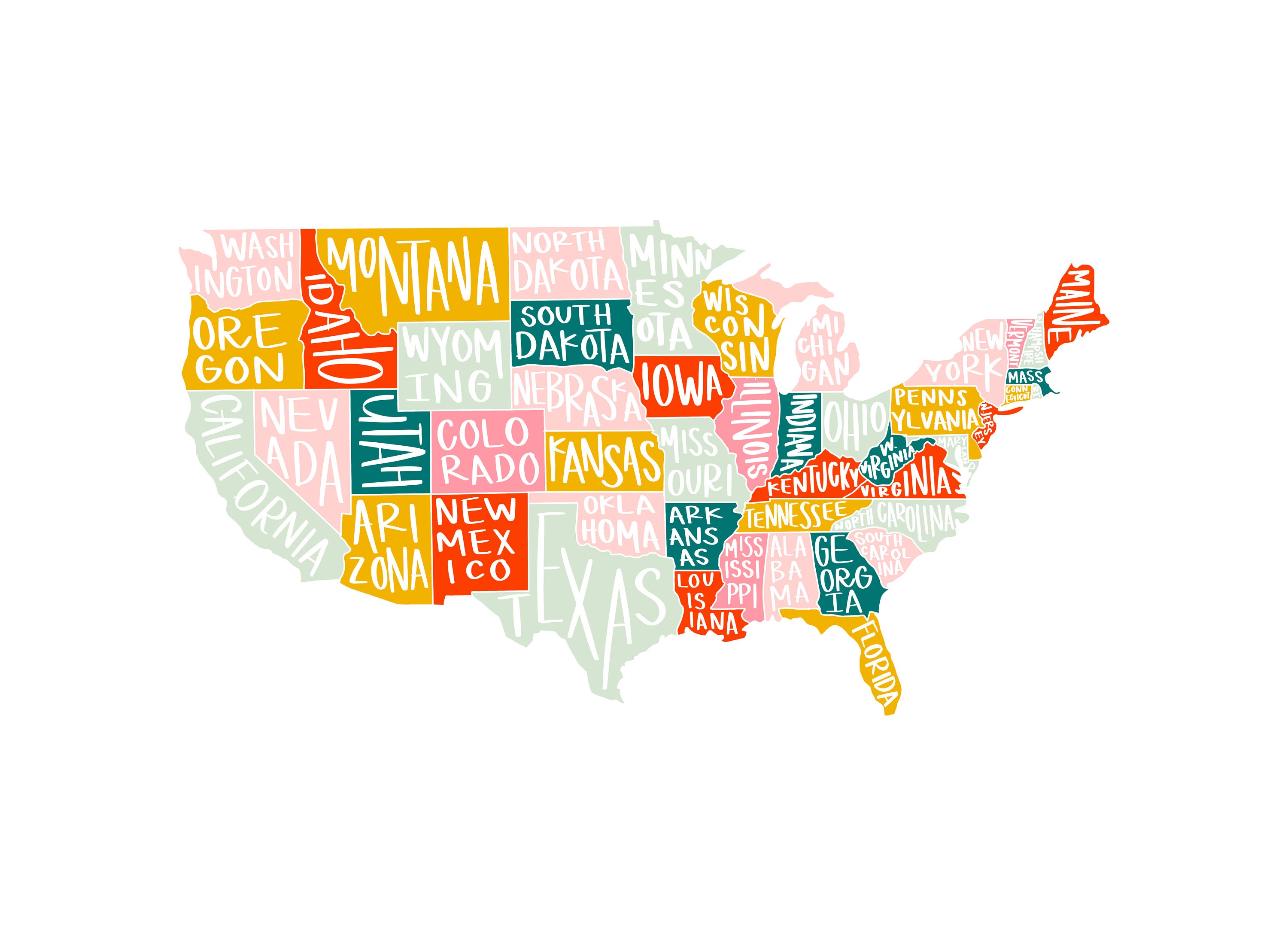 USA Map Pink Orange Teal Mint Girls Room Little Girls Room America US ...