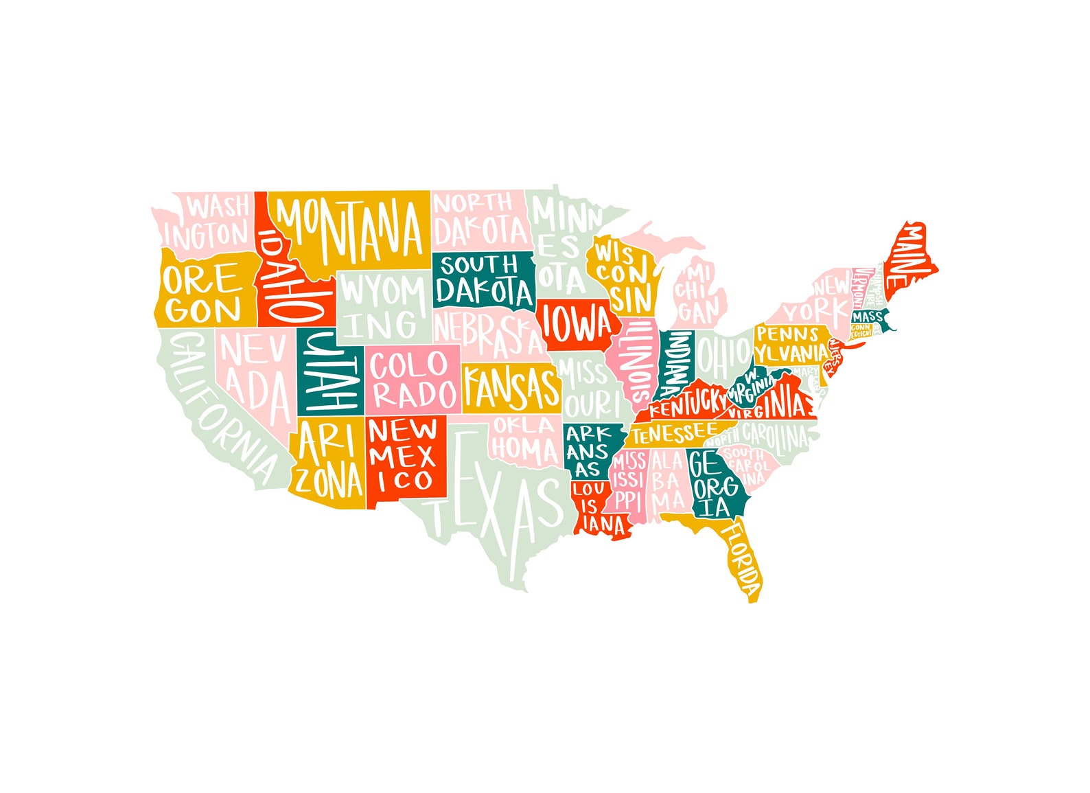 USA Map Pink Orange Teal Mint Girls Room Little Girls Room America US ...