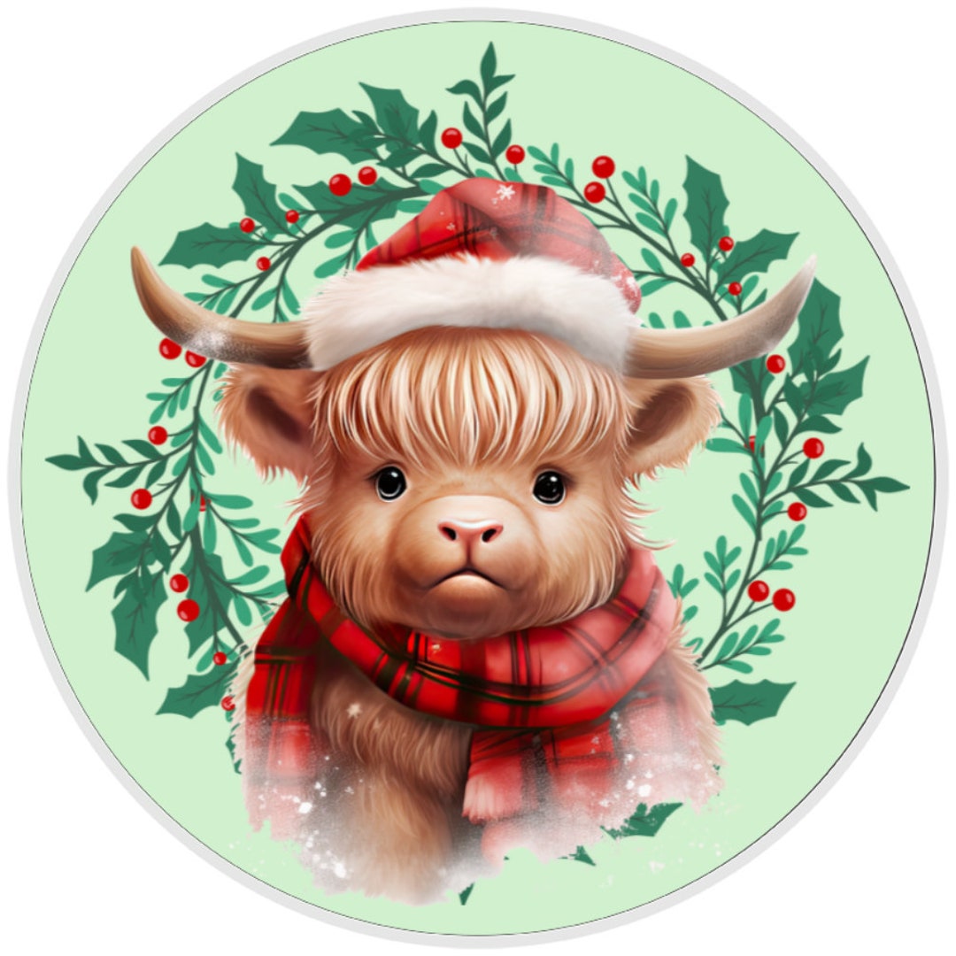 10” Highland Cow Holly Christmas Sign, Wreath Sign, Home Decor - Etsy