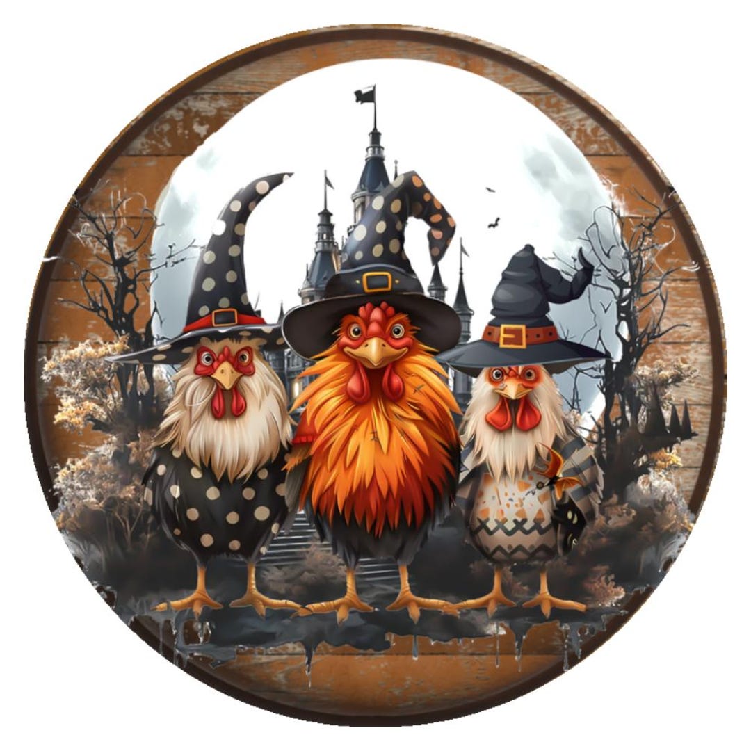 10” Halloween Chicken Witch Sign, Wreath Sign, Metal Sign, Home Decor ...