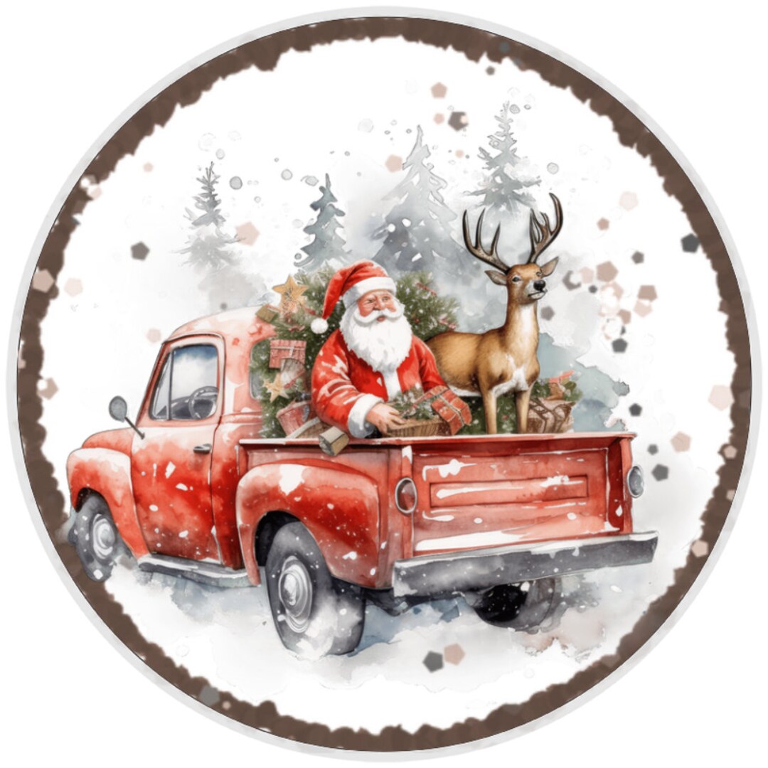 10” Santa Reindeer Truck Christmas Sign, Metal Wreath Sign, Home Decor ...