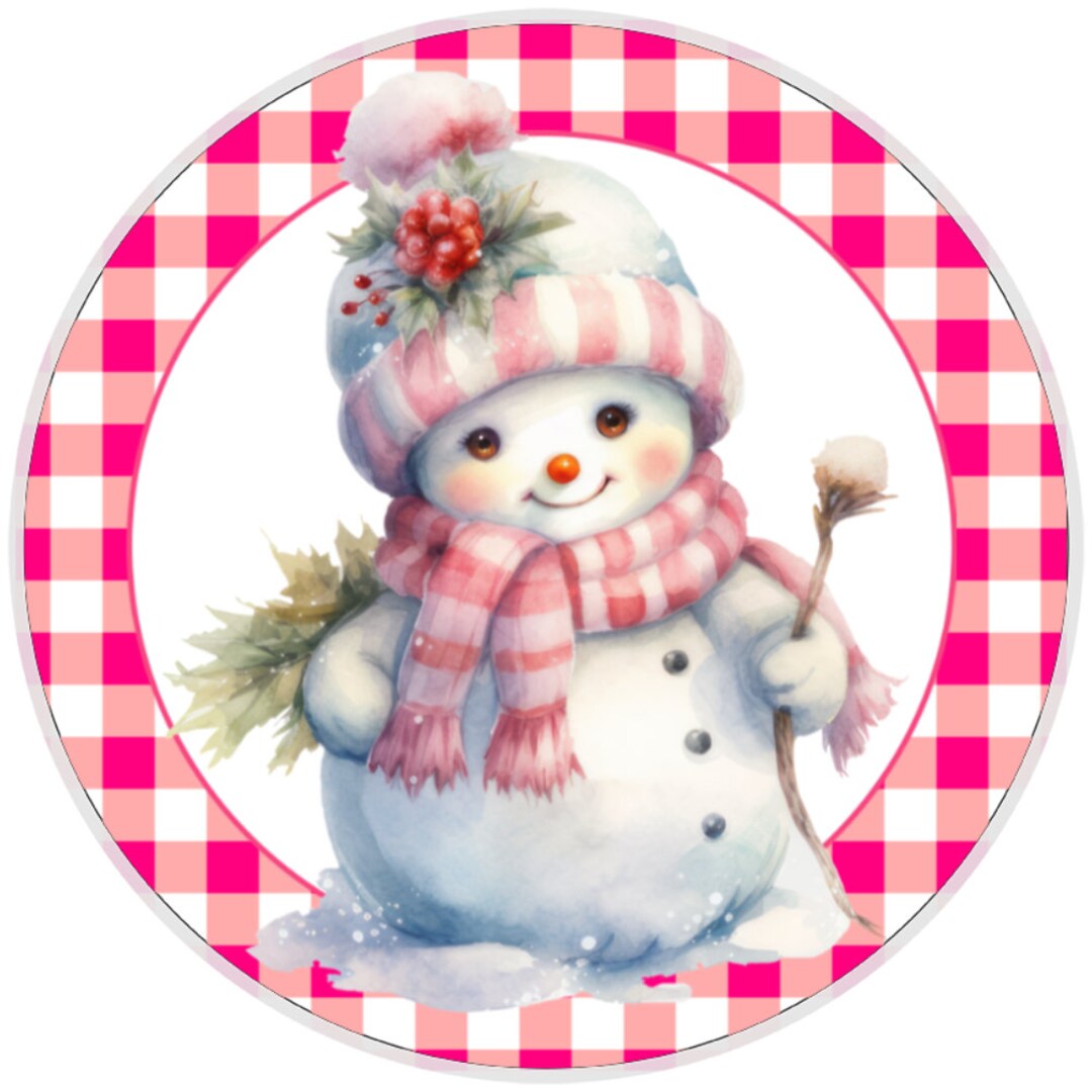 10” Pink Checkered Snowman Winter Sign, Metal Wreath Sign, Home Decor ...