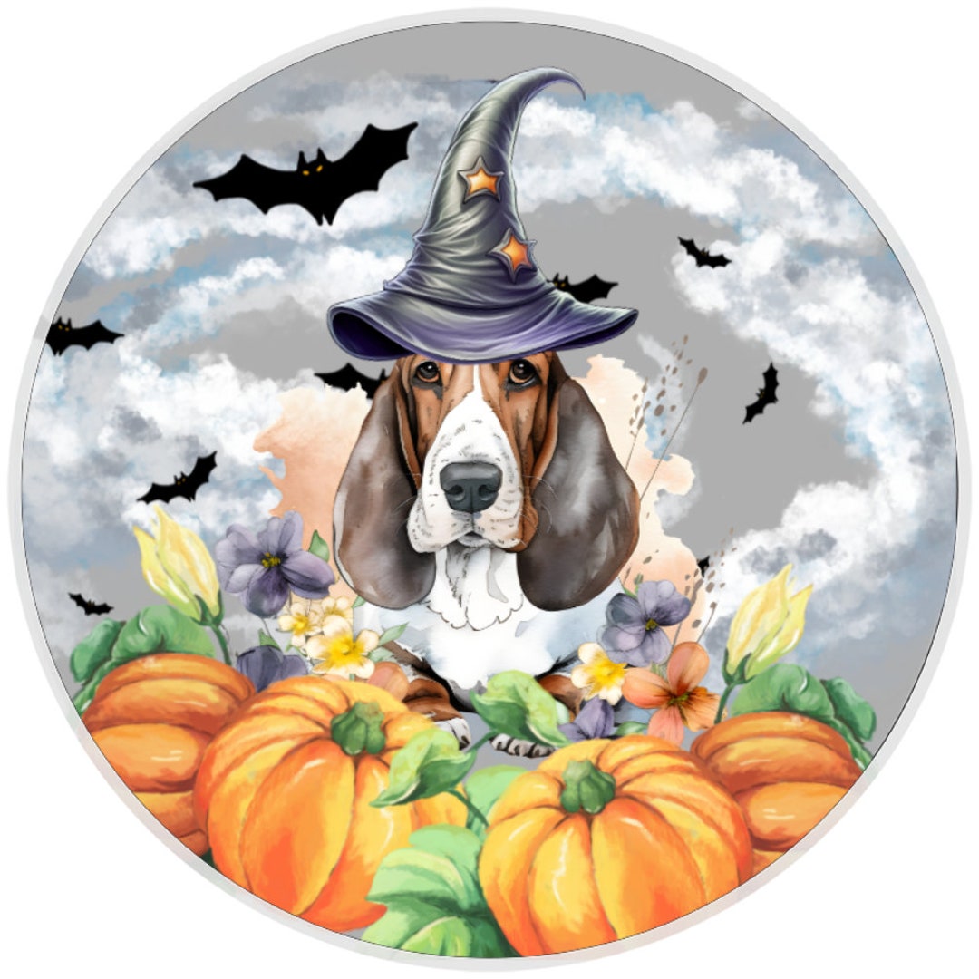10” Halloween Basset Hound Witch Dog Sign, Metal Wreath Sign, Home ...