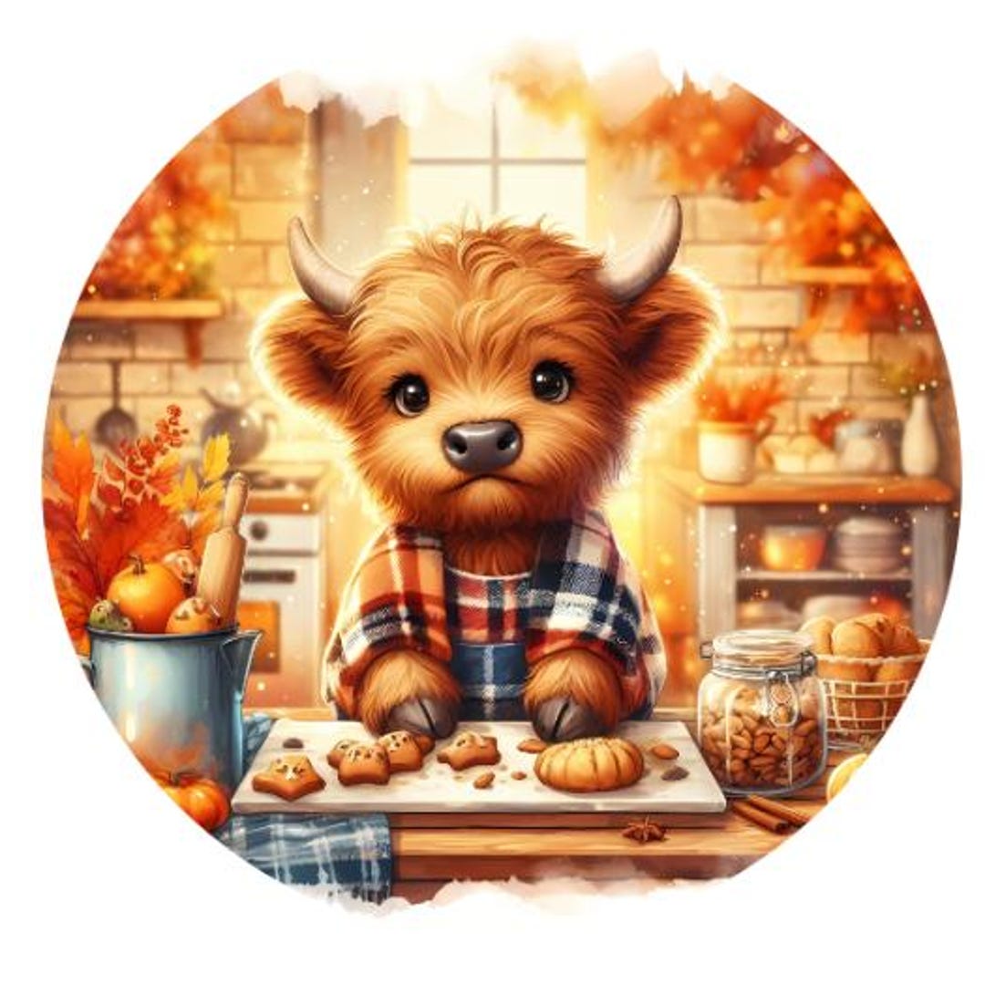 10” Highland Cow Baking Fall Cookies Sign, Wreath Sign, Metal Sign ...
