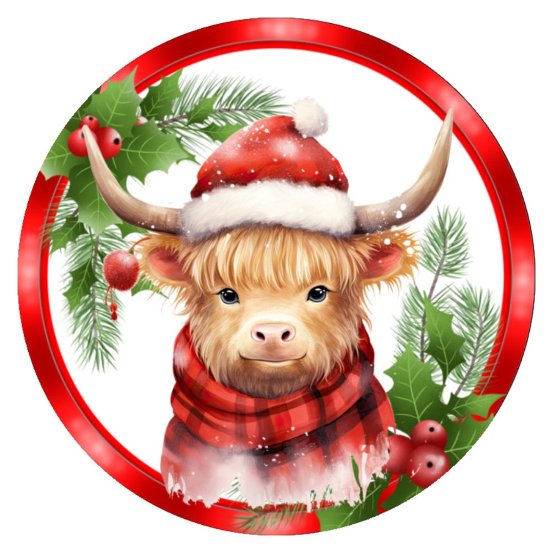 10” Highland Cow Holly Christmas Wreath Sign, Metal Wreath Sign, Home ...
