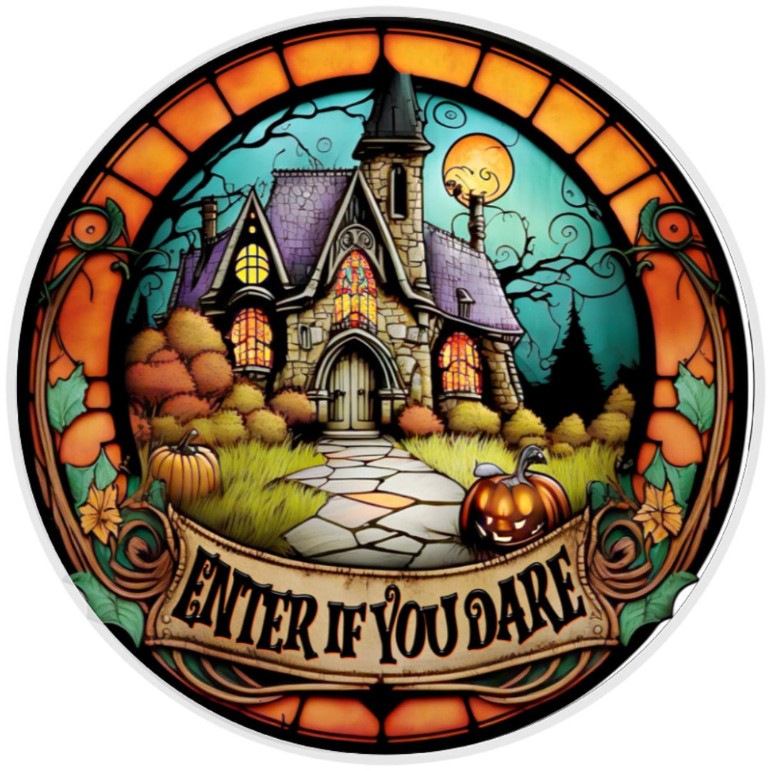 10” Stained Glass Look Haunted House Sign, Metal Wreath Sign, Home ...