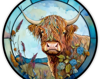 10” Highland Cow Stained Glass Look Sign, Metal Wreath Sign, Home Decor ...