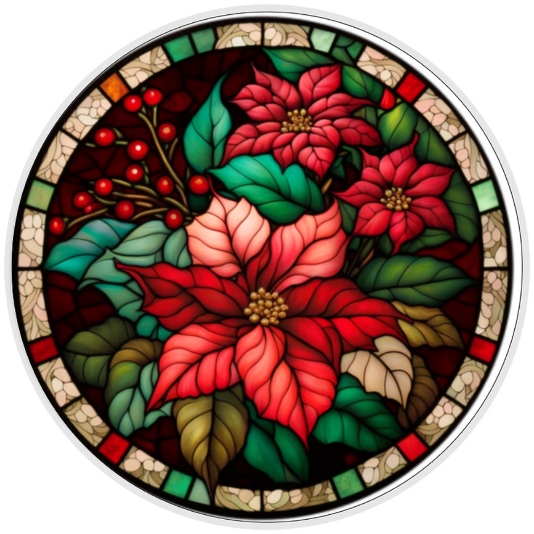 10” Stained Glass Look Poinsettia Wreath Sign, Metal Wreath Sign, Home ...