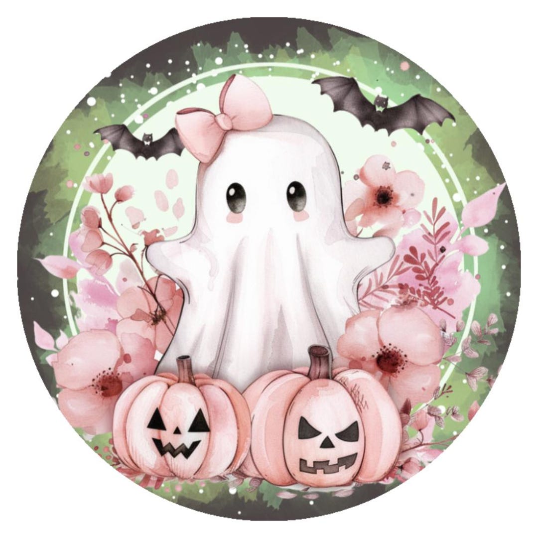10” Ghost Pink Pumpkin Halloween Sign, Wreath Sign, Metal Sign, Home ...