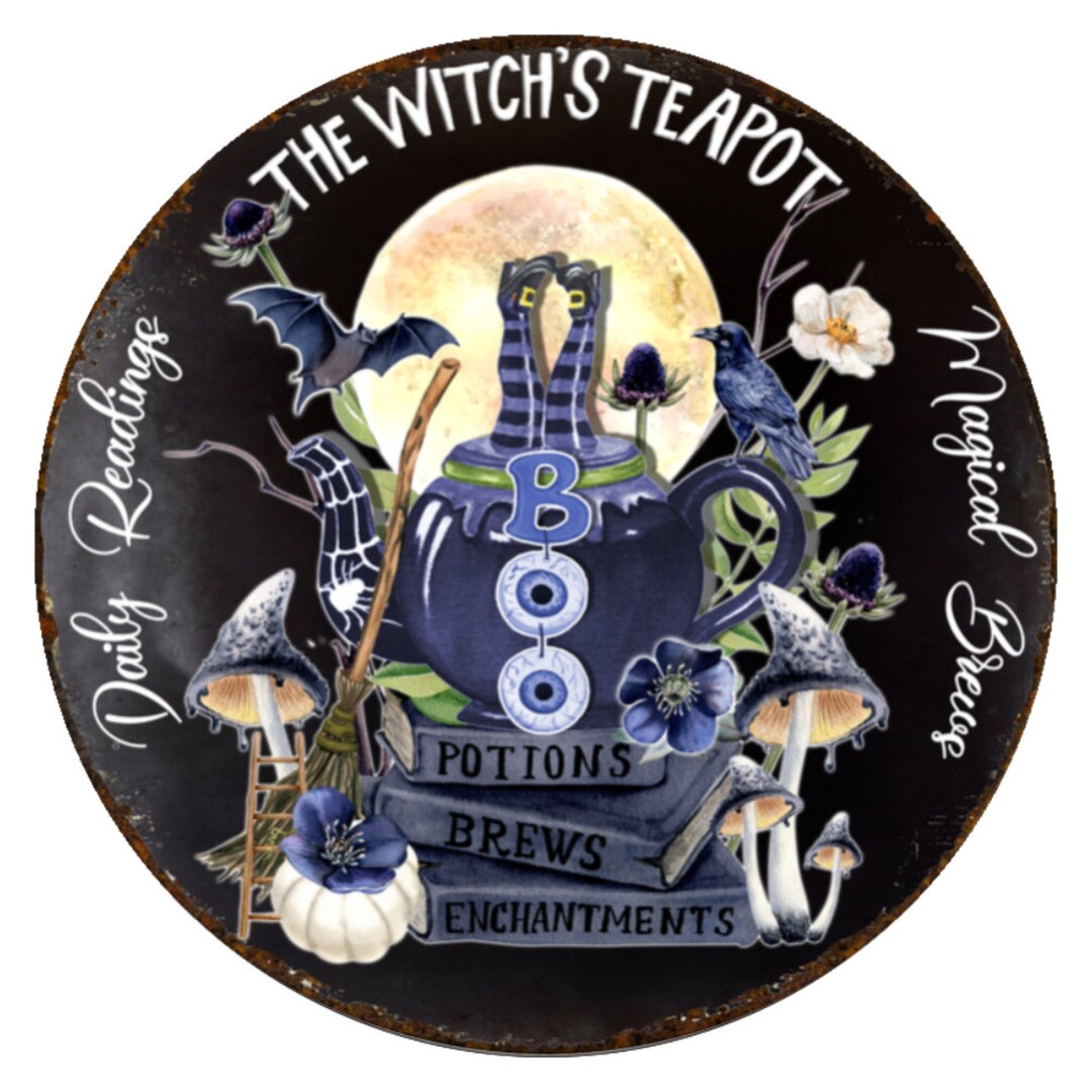 10” Halloween Witch Teapot Sign, Halloween Wreath Sign, Metal Sign ...