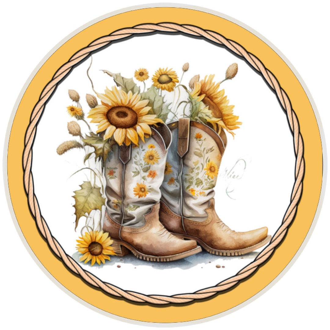 10” Western Sunflower Cowboy Boot Sign, Wreath Sign, Home Decor - Etsy