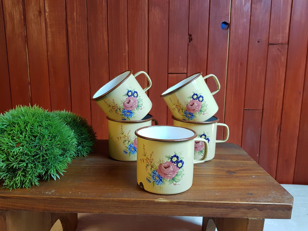 Enamel Camping Mugs With Floral Design, Set of 5 - Etsy