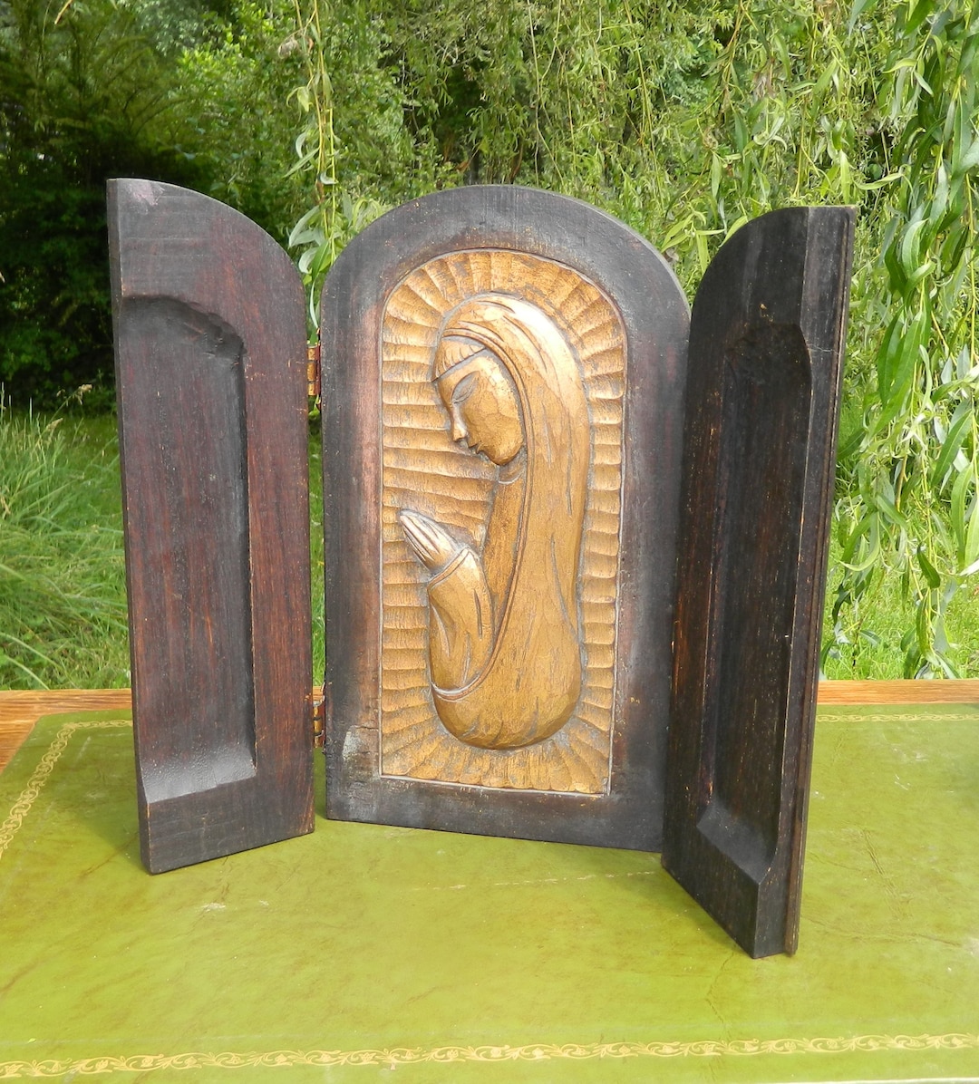 Antique French Wood Triptych Reliquary: Carved Virgin Mary Sculpture - Etsy