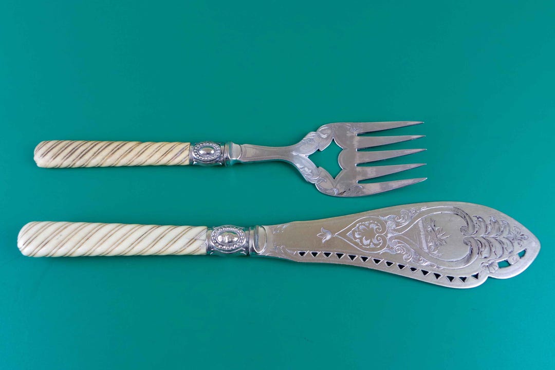 Antique Silver Plated Fish Serving Set With Ivory Handles, Made in ...