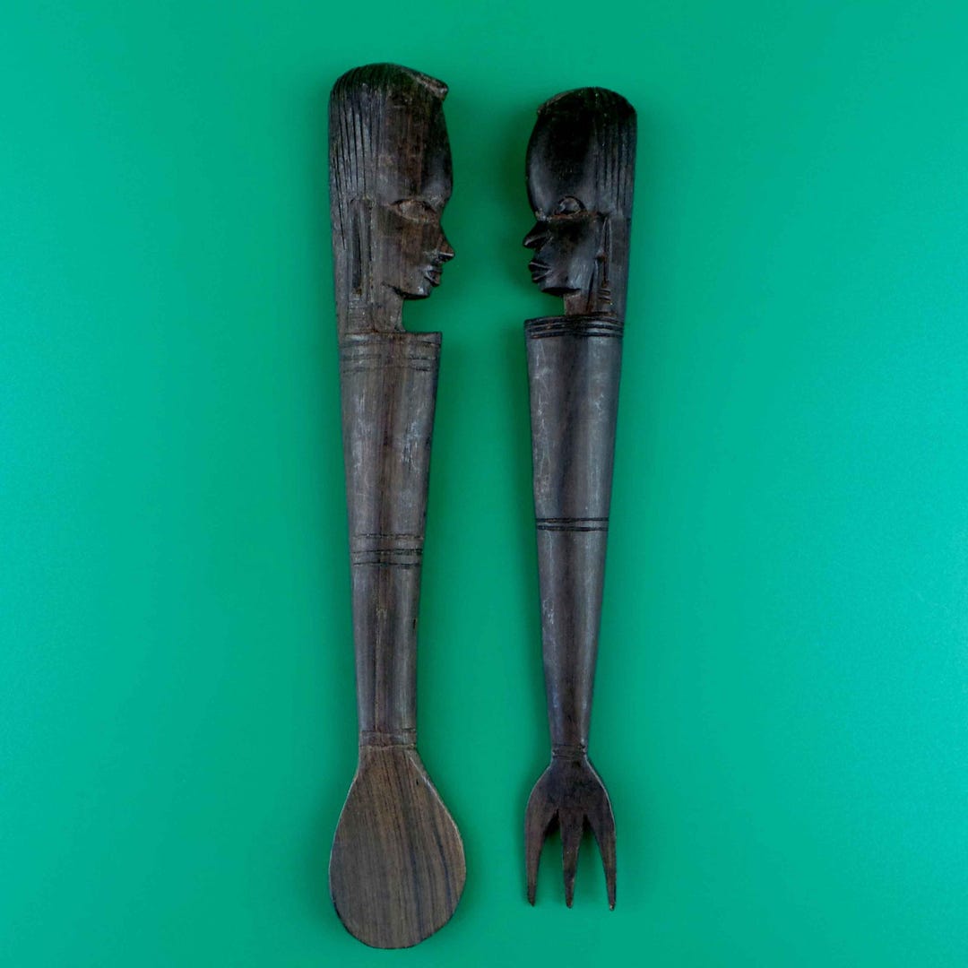 Vintage African Carved Ebony Wooden Fork and Spoon * Large Decorative ...