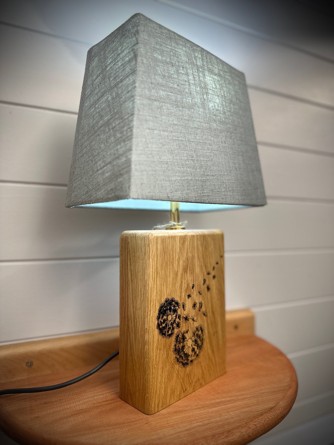 Solid Florian Oak Handmade Lamp- Dandelion Light Etch Design - Etsy