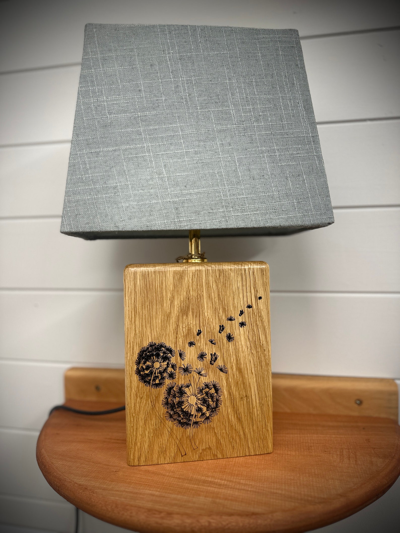 Solid Florian Oak Handmade Lamp- Dandelion Light Etch Design - Etsy
