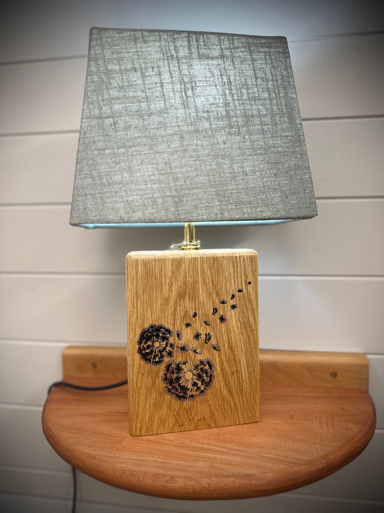 Solid Florian Oak Handmade Lamp- Dandelion Light Etch Design - Etsy