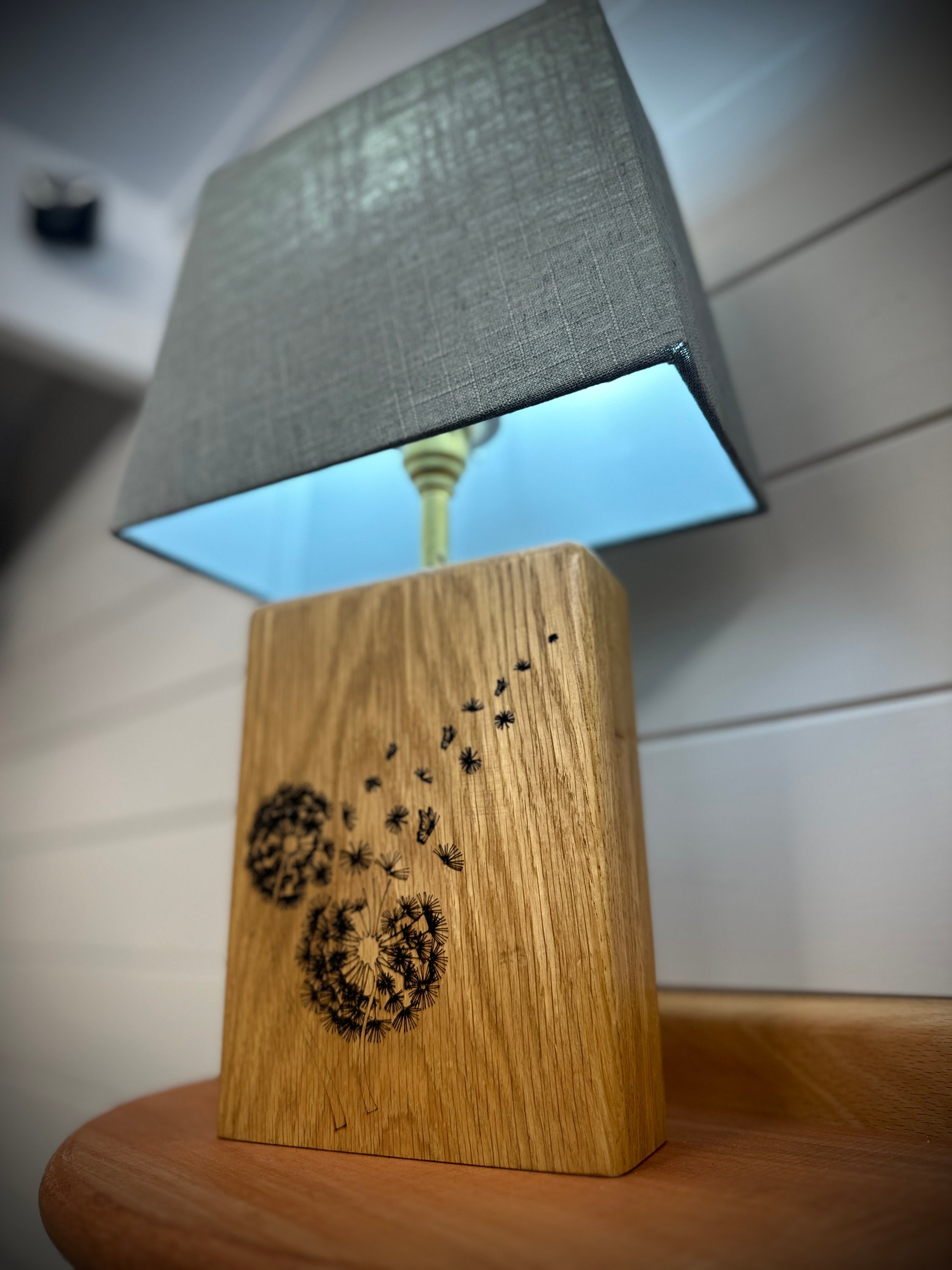 Solid Florian Oak Handmade Lamp- Dandelion Light Etch Design - Etsy