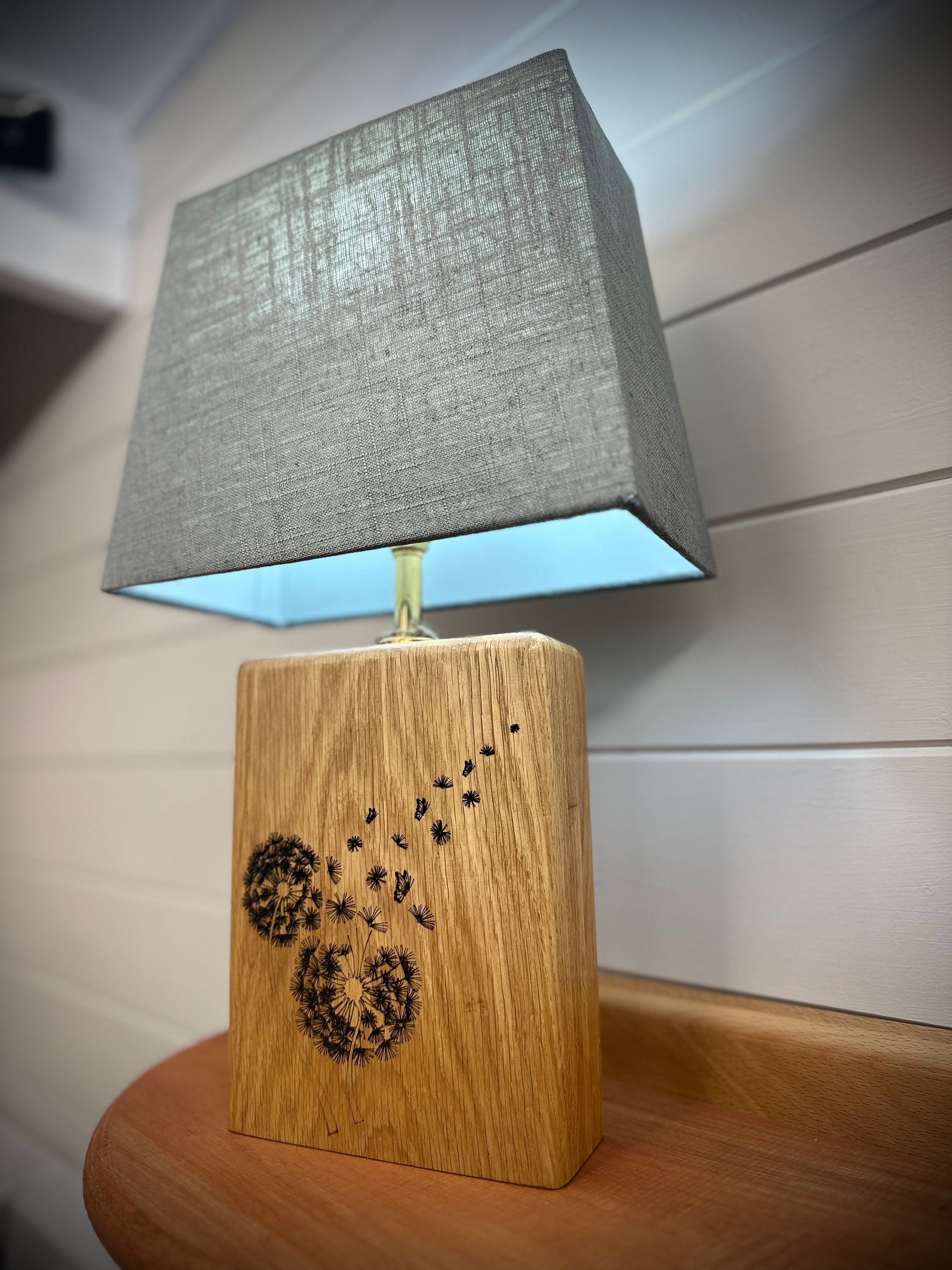 Solid Florian Oak Handmade Lamp- Dandelion Light Etch Design - Etsy