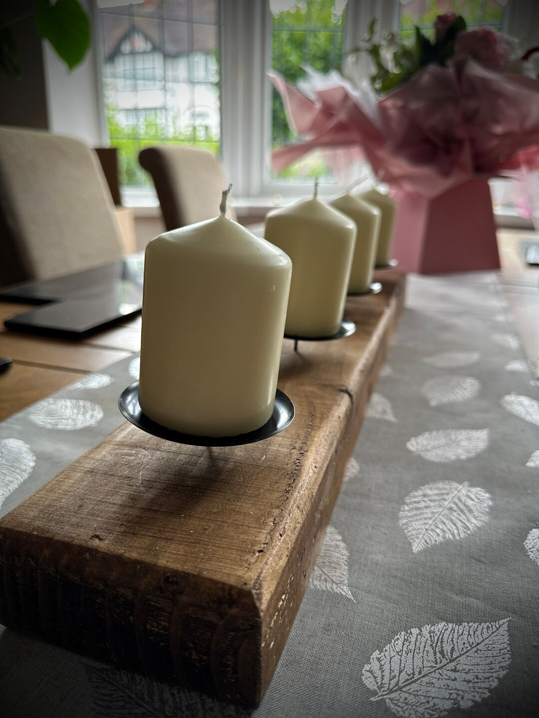 Rustic Wood X4 Pillar Candle Table Decoration- Dark Oak (golden) - Etsy UK